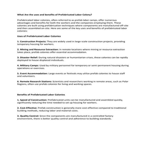 What Are the uses and benefits of Prefabricated Labour Colony ? | PDF