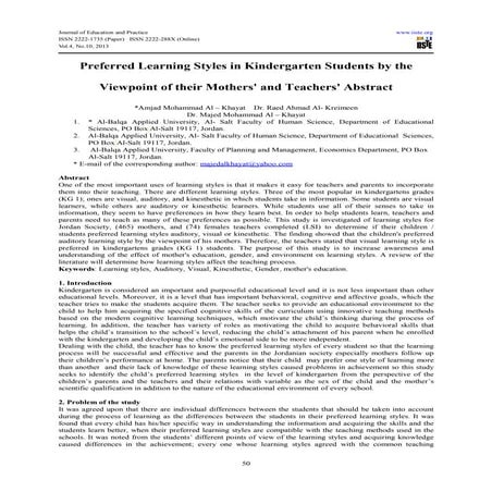 Preferred learning styles in kindergarten students by the viewpoint of ...