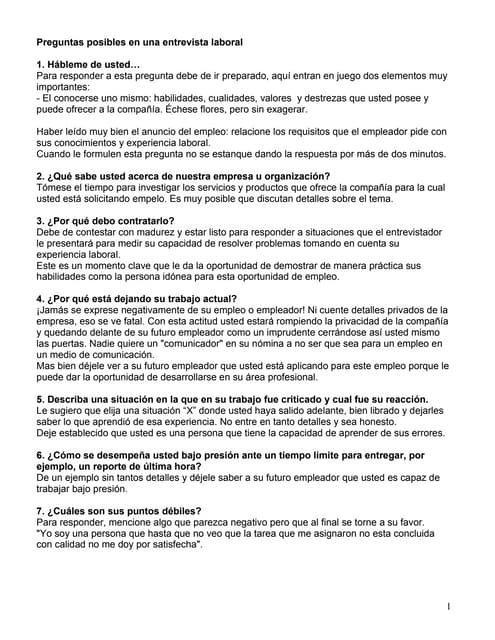 50 preguntas y respuestas en una entrevista de trabajo | PDF