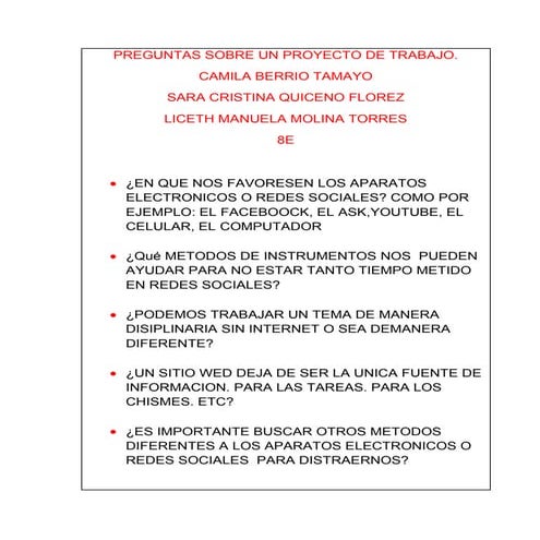 Preguntas sobre un proyecto de trabajo | DOCX | Technology & Computing