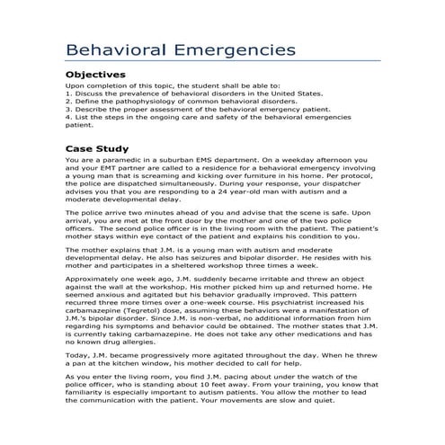 Prehospital behavioral emergencies Psychiatry EMS treatment | DOCX