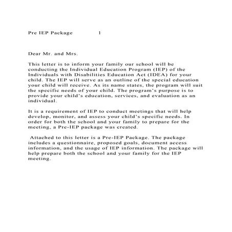 Pre IEP Package 1Dear Mr. and Mrs. This letter is to.docx | Special ...