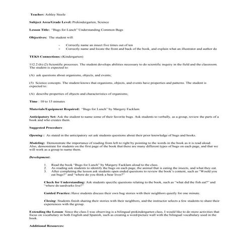 Prekinder bug lesson | PDF