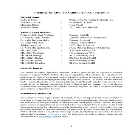 Preliminary Page Journal of Applied Agricultural Research (JAAR) 2021 ...