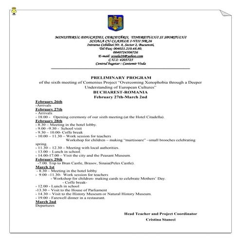 Preliminary program visit to romania | PDF | Holidays