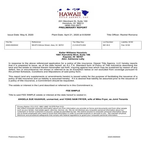 Kaaihue's Preliminary Title Report, as of Mar. 2021, dates back to 1970 ...