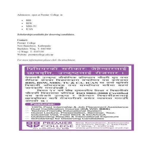 Premier College offering scholarships and invites applications for ...