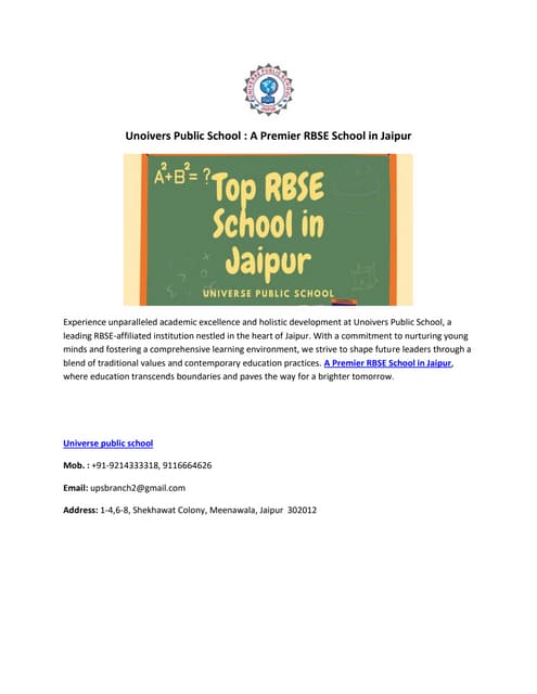 Universe Public School – An Unrivaled CBSE School in Jaipur | PPT
