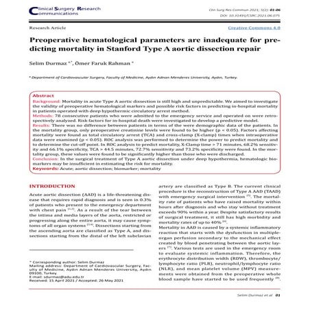 Preoperative hematological parameters predicting mortality in stanford ...
