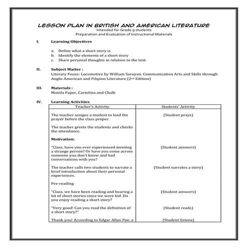 Lesson Plan in British and American Literature | DOCX