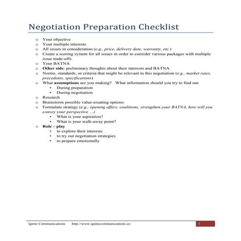 Negotiation Preparation Checklist | PDF