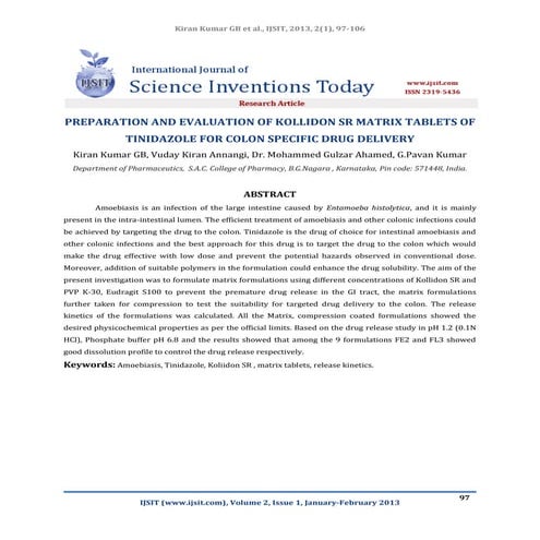 Preparation and evaluation of kollidon sr matrix tablets of tinidazole ...