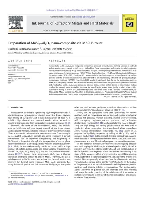 Preparation Of Mo Si2 Al2o3 Nano Composite Via Mashs Route Pdf