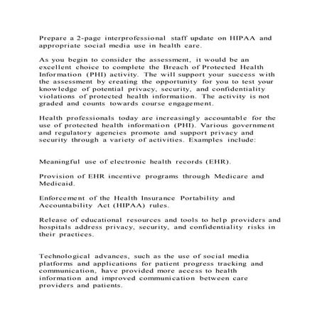Prepare a 2-page interprofessional staff update on HIPAA and appropr | DOCX