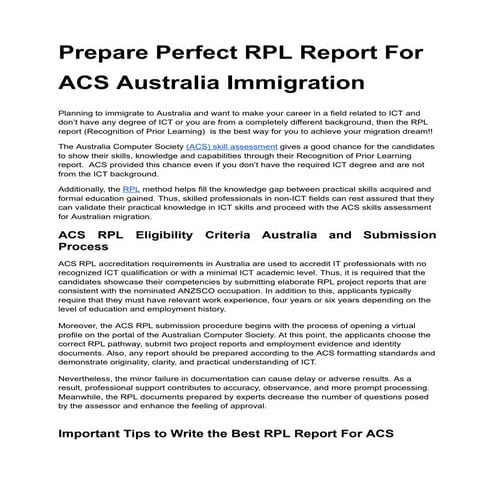 Prepare Perfect RPL Report For ACS Australia Immigration | PDF