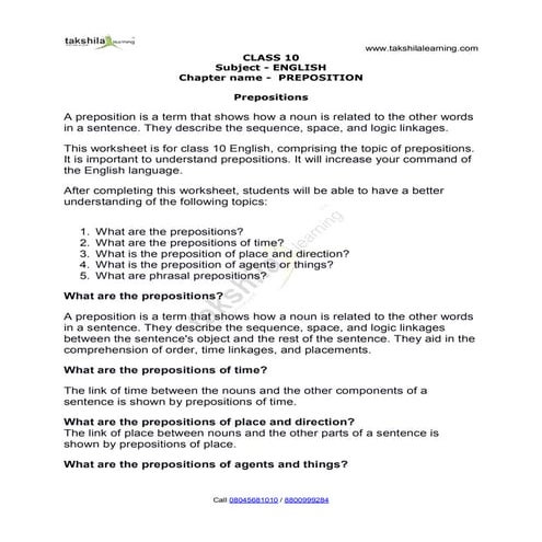 Prepositions class 10 English Grammar Worksheet | PDF