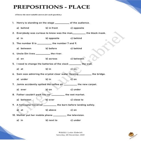 Place Prepositions Worksheet For Grade 7 Preintermediate