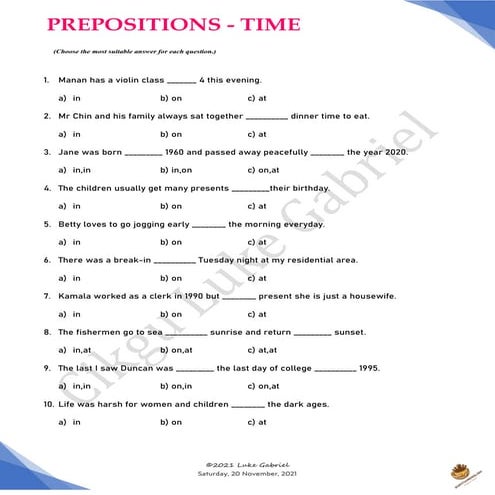 Prepositions Of Time | PDF