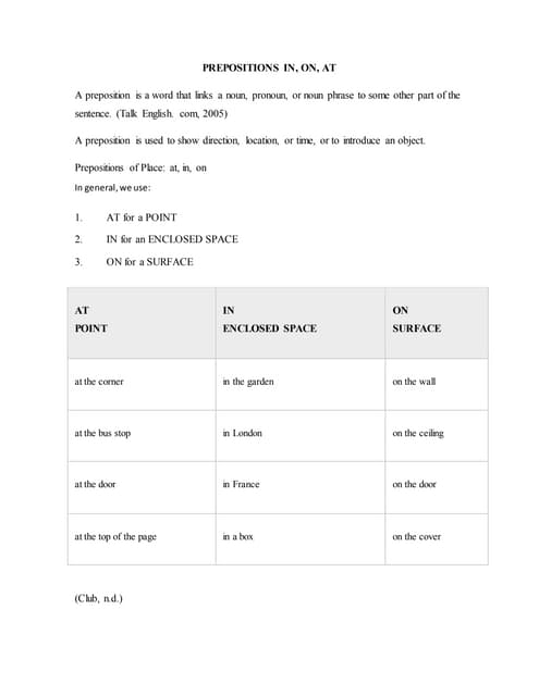 Use of prepositions "In" , "On" and "At". | PPT