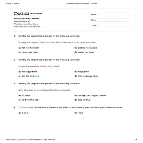 Prepositions_Prep. Phrases _ Quizizz.pdf | Resume Writing and Advice ...