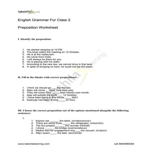Preposition worksheet for class 2 | PDF