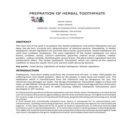 Prepration of herbal toothpaste | DOCX