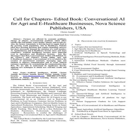 Call for Chapters- Edited Book: Conversational AI for Agri and E-Healthcare Businesses, Nova ...