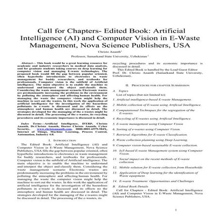 Call for Chapters- Edited Book: Artificial Intelligence (AI) and Computer Vision in E-Waste ...