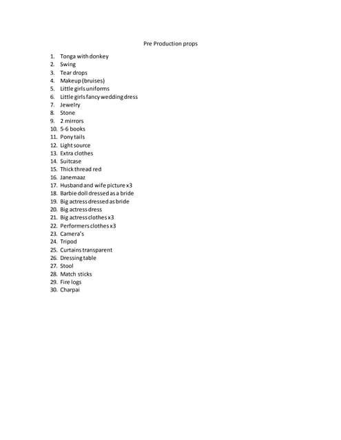 Pre production prop list | DOCX | Wedding | Personal Celebrations ...