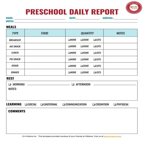Preschool Daily Sheet | PDF