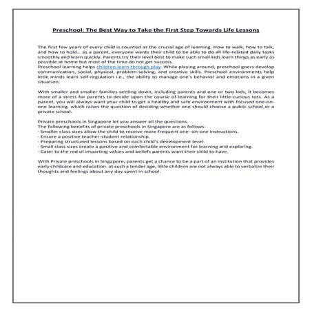 Preschool: The Best Way to Take the First Step Towards Life Lessons | PDF