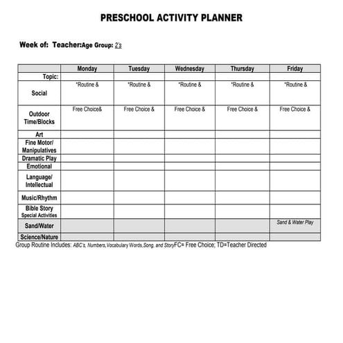 Preschool activity planner | DOCX