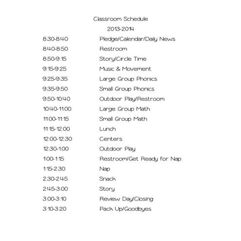Preschool schedule 13 14 | PDF