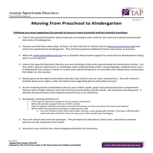 TAP Tip Sheet - Transitioning from Preschool to Kindergarten | PDF