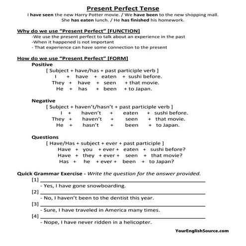 Present Perfect Tense Worksheet for English | PDF