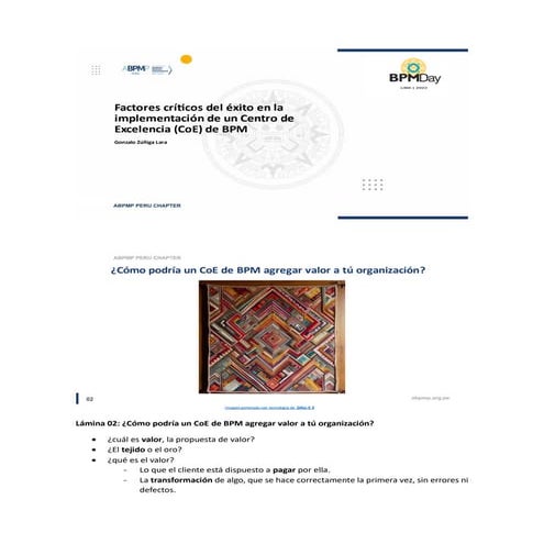 Presentación y notas de charla Factores críticos de éxito para implementación BPM CoE V BPMDAY ...