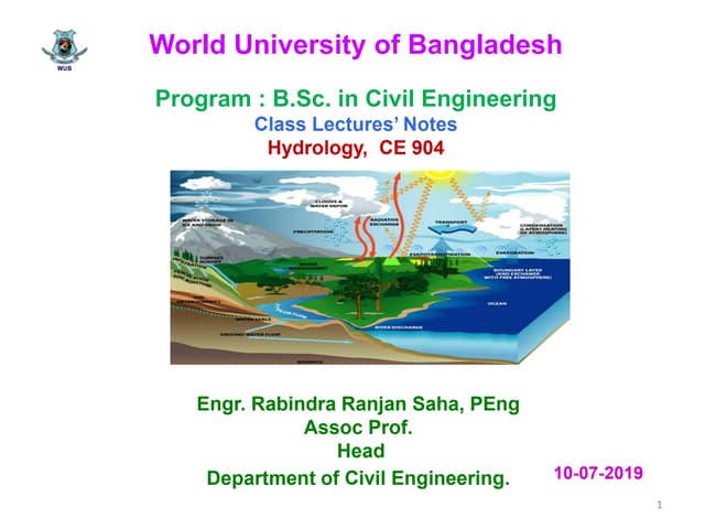 Class lectures on Hydrology by Rabindra Ranjan Saha Lecture 11 | PPTX