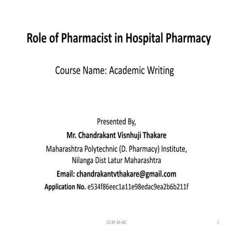 assignment: Pharmacist role in Hospital Pharmacy | PPTX