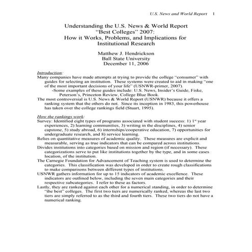 Understanding the U.S. News & World Report “Best Colleges” 2007 | PPT