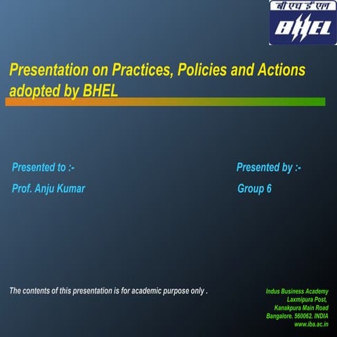 Practices, Policies and Actions adopted by BHEL | PPT
