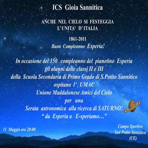 Presentazione serata astronomica alla ricerca di saturno | PPSX