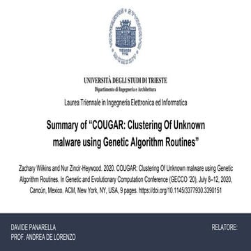 Cougar Clustering Of Unknown Malware Using Genetic Algorithm Routines