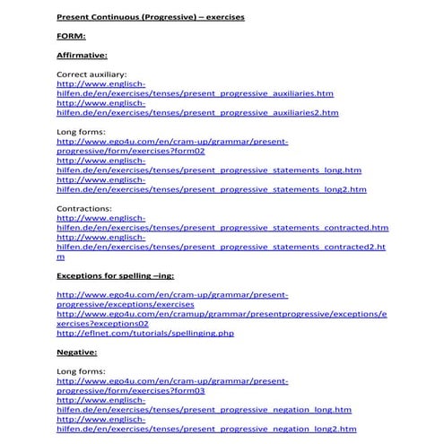 Exercises for Present Continuous (Progressive) | DOCX