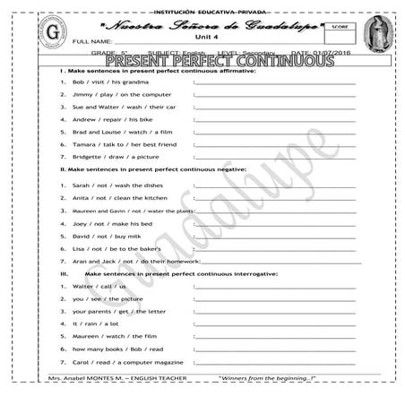 Present perfect continuous worksheet | PDF