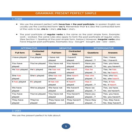 Present perfect handout enblog | PDF