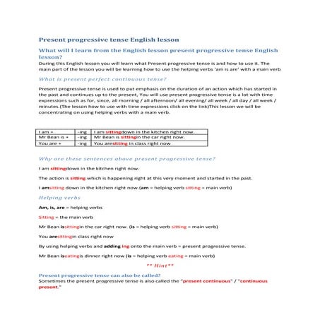 Present progressive tense english lesson | DOCX