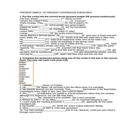 Present simple vs present continuous exercises | DOCX