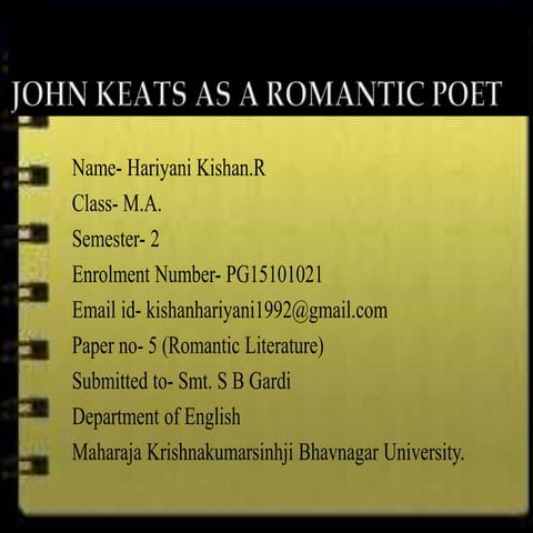 John keatys as romantic poet l | PPTX | Poetry | Books and Literature