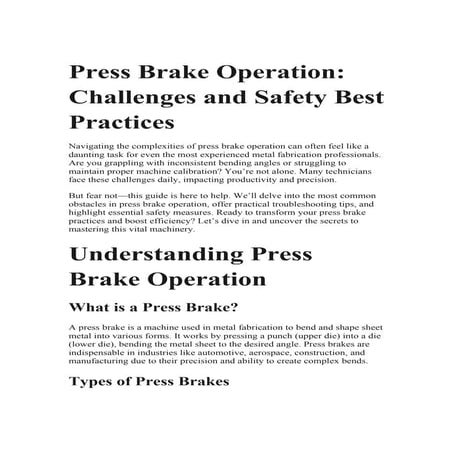 Press Brake Operation: Challenges and Safety Best Practices | DOCX