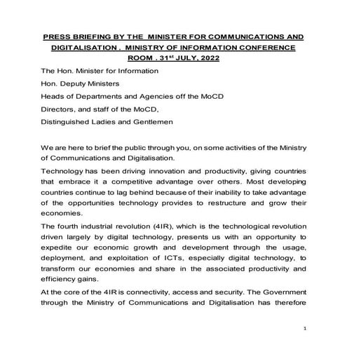 PRESS BRIEFING BY THE MINISTER FOR COMMUNICATIONS AND DIGITALISATION ...